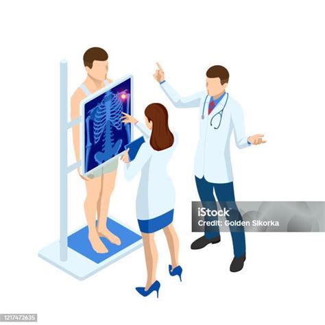 인체 를 스캔하기위한 아이소메트릭 X 선 기계 환자의 흉부 엑스레이 필름을 검사하는 의사 검사 가슴 뼈의 로엔겐 수술에 대한 건강 검진 X 레이에 대한 스톡 벡터 아트 및