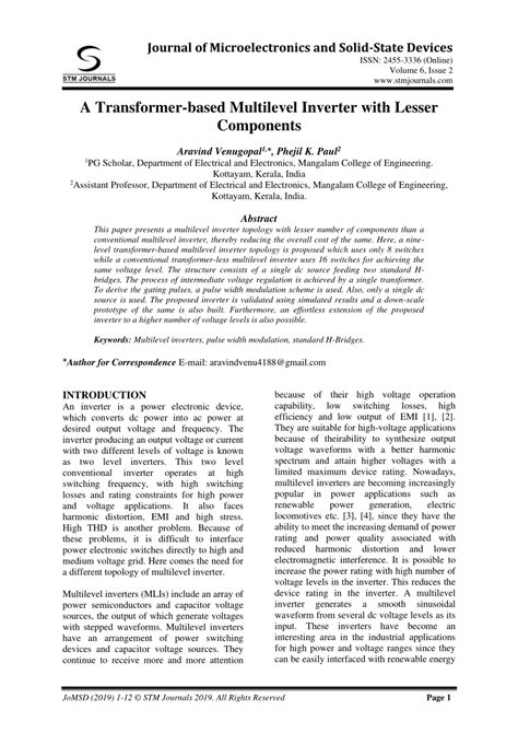 Pdf A Transformer Based Multilevel Inverter With Lesser Components