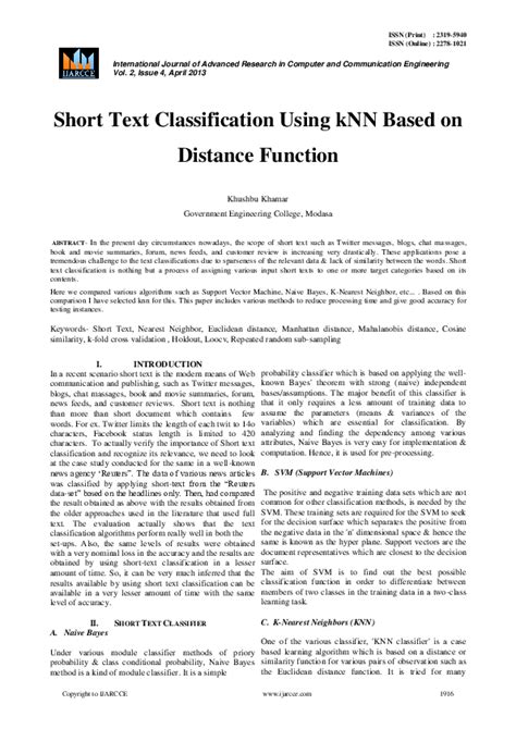 pdf short text classification using knn based on distance function