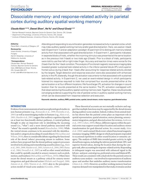 Pdf Dissociable Memory And Response Related Activity In Parietal Cortex During Auditory