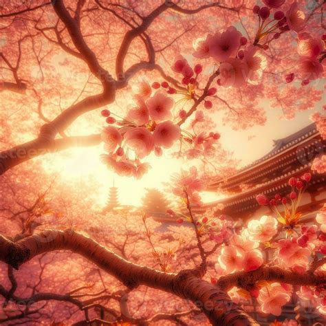 Ai Generated Hyper Realistic Sakura Cherry Blossom Tree Leaves Japanese Festival Morning Dew