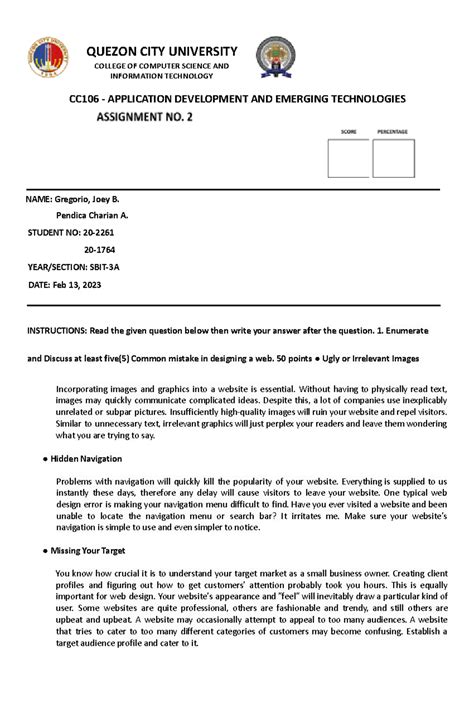 Cc106 Midterm Assignment 2docx Quezon City University College Of