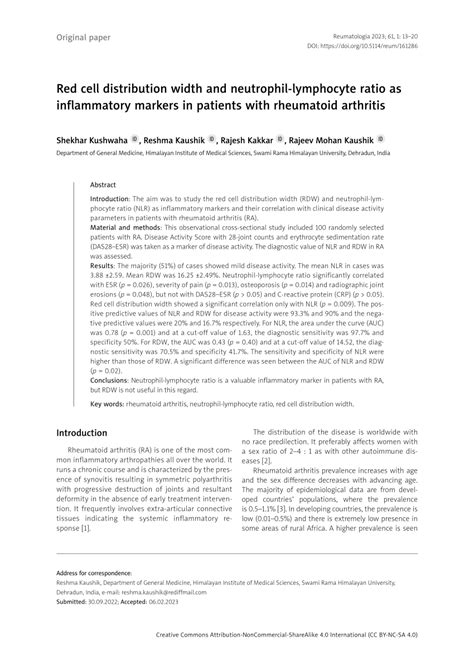 Pdf Red Cell Distribution Width And Neutrophil Lymphocyte Ratio As Inflammatory Markers In