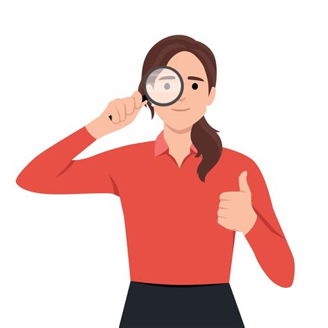 Young Woman Or Girl Holding A Magnifying Glass And Making Thumbs Up Gesture Sign Person Showing