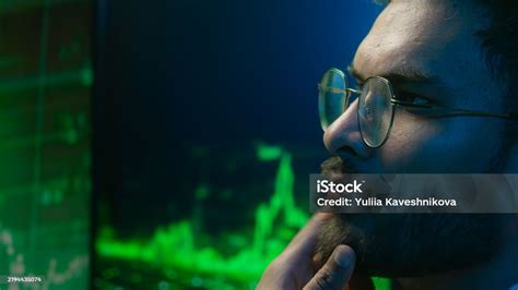 Indian Arabian Man Programmer Hacker Thinking Looking Computer Chart Guy Trader Analysis Trading