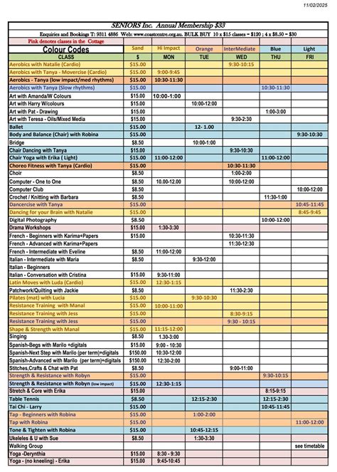 Classes And Fees Feb 2025 Little Bay Coast Centre