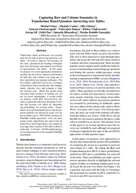 Pdf Capturing Row And Column Semantics In Transformer Based Question Answering Over Tables
