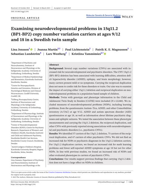 Pdf Examining Neurodevelopmental Problems In 15q11 2 Bp1‐bp2 Copy Number Variation
