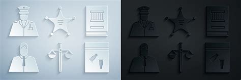 정의의 저울 법률 책 변호사 변호사 법학자 증거 가방과 총알 육각형 보안관 및 경찰관 아이콘을 설정합니다 벡터 3차원 형태에 대한 스톡 벡터 아트 및 기타 이미지 Istock