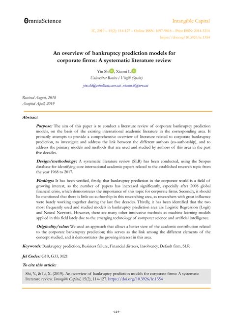 Pdf An Overview Of Bankruptcy Prediction Models For Corporate Firms A Systematic Literature