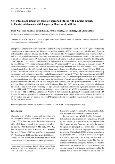 Pdf Self Esteem And Intentions Mediate Perceived Fitness With Physical Activity In Finnish