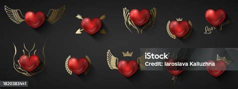 발렌타인 데이 사랑 아이콘 세트입니다 황금 장식이 있는 광택 있는 빨간색 3d 하트 인사말 카드 하트 패치 골드 날개 왕관 화살 화 환 손 잡기 검은 배경 낭만적 인 벡터