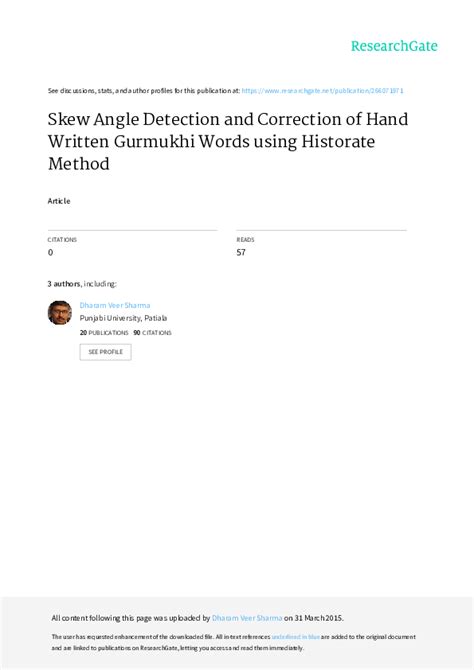 Pdf Skew Angle Detection And Correction Of Hand Written Gurmukhi Words Using Historate Method