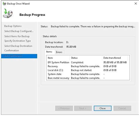 windows server backup all critical bare metal job failing 2019