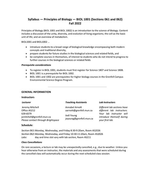 BIOL1001 2022 Syllabus Syllabus Principles Of Biology BIOL 1001 Sections 061 And 062