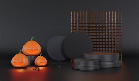 제품 디스플레이 3d 렌더링을 위한 연단이 있는 받침대 연단 할로윈 배경이 있는 검정 및 금색 스튜디오 룸 프리미엄 사진