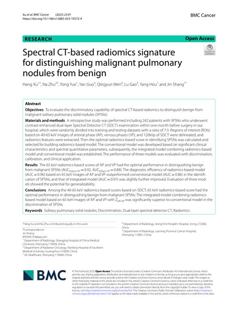 Pdf Spectral Ct Based Radiomics Signature For Distinguishing Malignant Pulmonary Nodules From