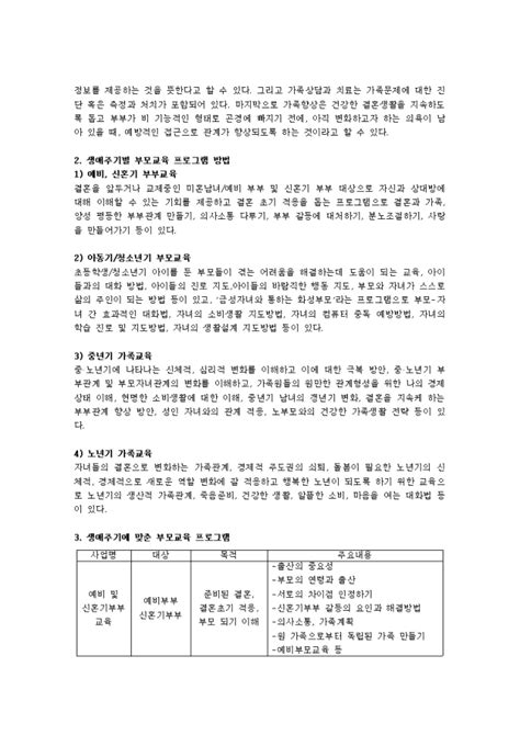 가족생활교육 가족상담과 치료 가족향상의 유사점과 차이점에 대해 설명하고 생애주기에 맞춘 부모교육 프로그램을 기획해보시오