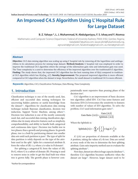 Pdf An Improved C45 Algorithm Using L Hospital Rule For Large Dataset