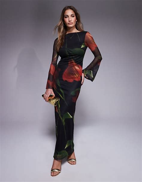 Asos Design Low Back Floral Mesh Maxi Dress With Angel Sleeves In