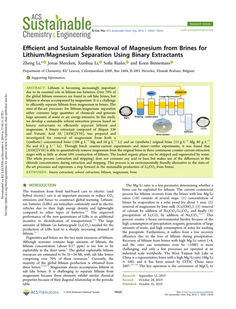 Pdf Efficient And Sustainable Removal Of Magnesium From Brines For Lithium Magnesium