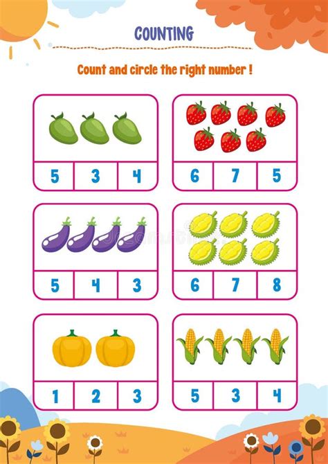 Count And Circle The Numbers Corresponding To The Number Of Fruits And Vegetables Stock Vector