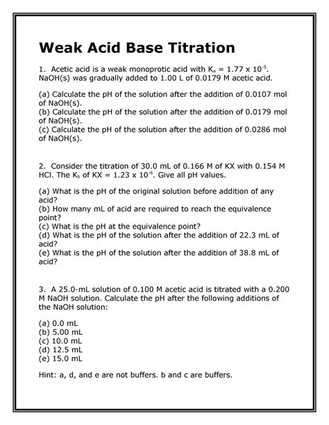 Weak Acid Base Titration Worksheet Weak Acid Base Titration Acetic Acid Is A Weak Monoprotic