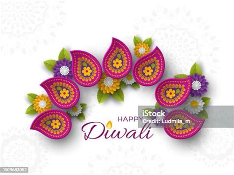 종이와 디 왈 리 축제 휴일 디자인 컷 인도 Rangoli와 꽃의 스타일 흰색 배경 벡터 일러스트 레이 션에 퍼플 색상입니다 랑골리에 대한 스톡 벡터 아트 및 기타 이미지