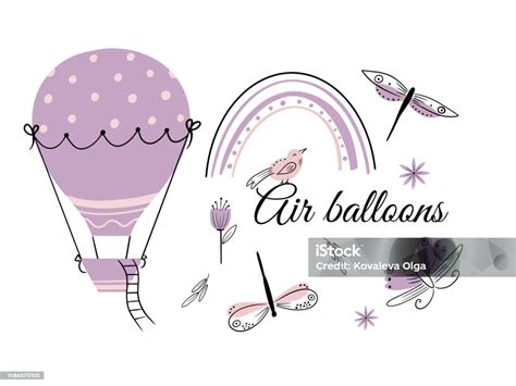 고래 풍선 구름 무지개 별 열기구 보육원 장식을 위한 멧새와 함께 손으로 그린 컬렉션 무지개에 대한 스톡 벡터 아트 및 기타 이미지 Istock