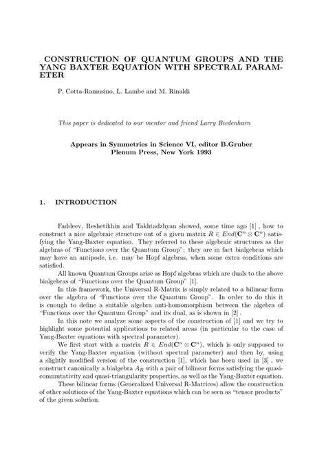 Pdf Construction Of Quantum Groups And The Yang Baxter Equation With Spectral Parameter
