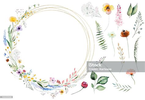 수채화 야생화와 나뭇잎으로 만든 둥근 프레임 결혼식 및 인사말 일러스트 수채화에 대한 스톡 벡터 아트 및 기타 이미지 수채화 야생화 프레임 Istock