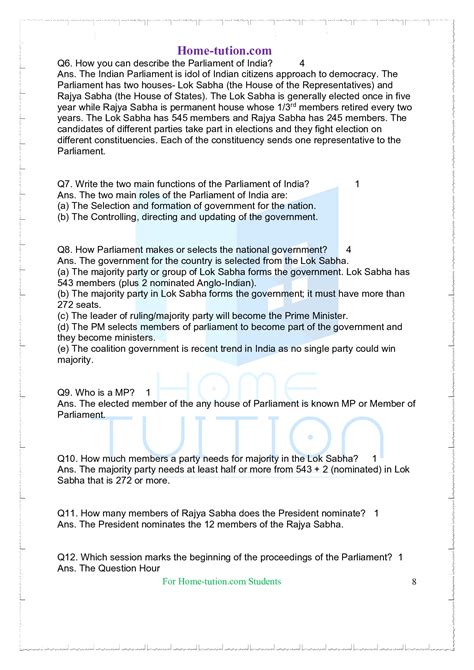 Important Subjective Questions For Cbse Class 8 Sst Political Science