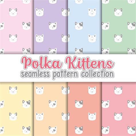 폴카 도트 고양이 얼굴 원활한 패턴의 귀여운 컬렉션 프리미엄 벡터