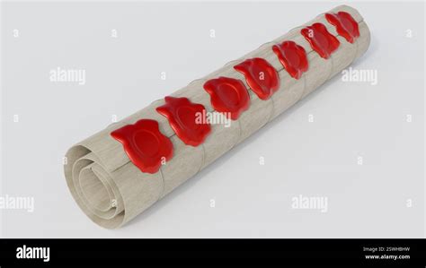 A 3d Rendering Depicts A Rolled Parchment Scroll Sealed With Seven Bright Red Wax Seals Stock