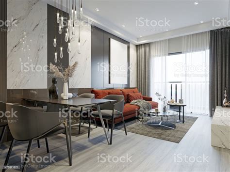 현대적인 디자인의 빨간 소파가 있는 거실의 회색과 흰색 인테리어 0명에 대한 스톡 사진 및 기타 이미지 0명 가구 거실