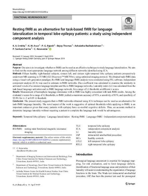 Pdf Resting Fmri As An Alternative For Task Based Fmri For Language Lateralization In Temporal