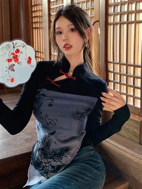 Dazy Leaf Print Mandarin Collar Asymmetrical Hem Tee Shein Uk