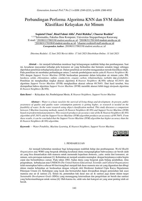Pdf Perbandingan Performa Algoritma Knn Dan Svm Dalam Klasifikasi Kelayakan Air Minum