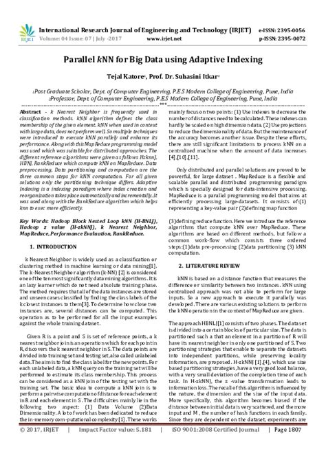 Pdf Parallel Knn For Big Data Using Adaptive Indexing