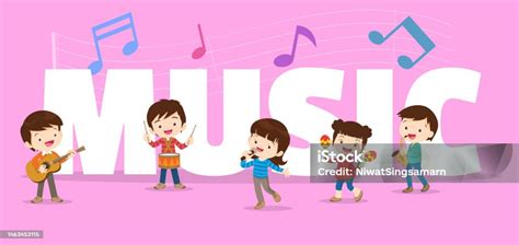 어린이 그룹의 음악 개념을 재생합니다 만화 춤추는 아이들과 악기를 가진 아이들귀여운 어린이 음악가 음악을 연주하는 다양한 액션 개념에 대한 스톡 벡터 아트 및 기타 이미지