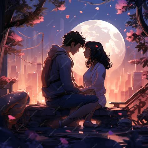 Premium Ai Image Anime Couple Sitting On A Bench In The Moonlight