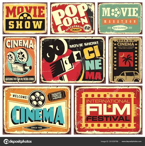 Vintage Cinema Signs Collection Movie Show Retro Posters Set Vector