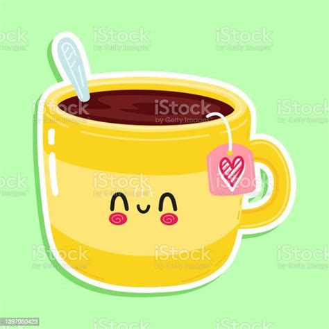 차 스티커 캐릭터의 귀여운 재미있는 노란색 컵 벡터 손으로 그린 만화 카와이 캐릭터 일러스트 레이 션 아이콘 흰색 배경에 고립되어 있습니다 차 스티커의 노란 컵 가정의 방에