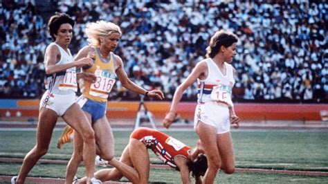 Us Runner Mary Decker Falls To The Infield Grass After A Collision With