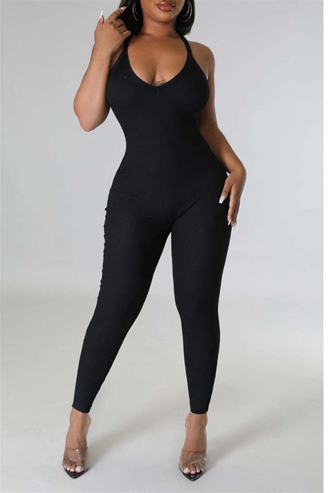 Wholesale Black Sexy Solid Patchwork Spaghetti Strap Skinny Jumpsuits