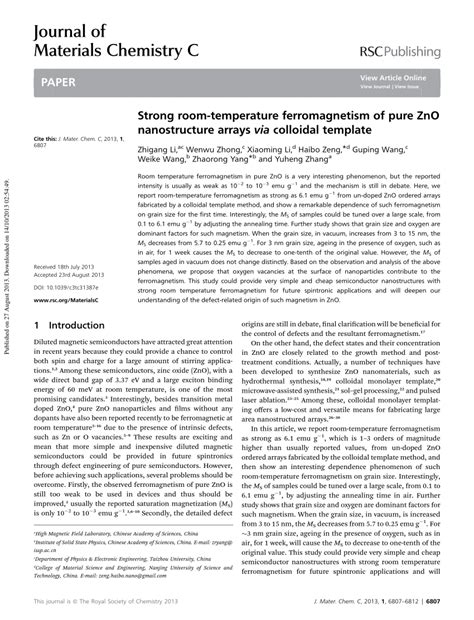 Pdf Strong Room Temperature Ferromagnetism Of Pure Zno Nanostructure