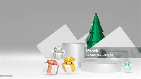 실린더 포디움과 크리스마스를 위한 최소한의 추상적 배경 3d 렌더링 기하학적 모양 제품 스테이지 0명에 대한 스톡 사진 및 기타 이미지 Istock