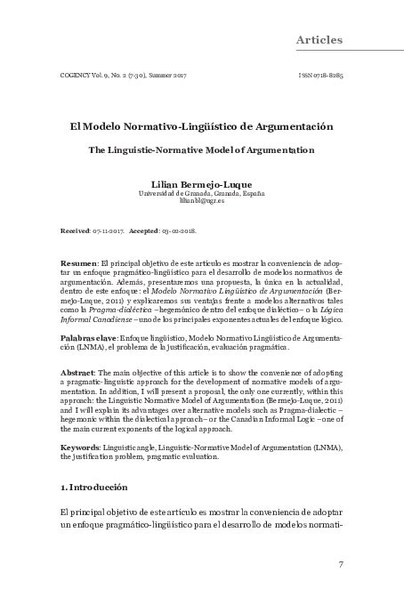 Pdf The Linguistic Normative Model Of Argumentation