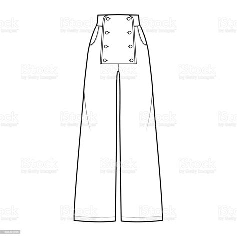 바지 세일러 테크니컬 패션 일러스트레이션 통상의 허리 하이라이즈 풀 길이 포켓 프론트 버튼 0명에 대한 스톡 벡터 아트 및 기타