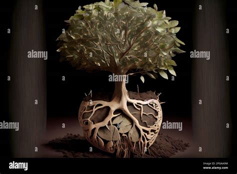 A Green Tree With Roots In A Clod Of Earth On A Dark Background Stock Photo Alamy